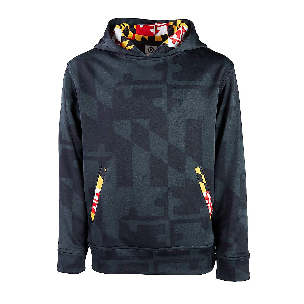 Covalent Activewear Maryland Flag Souvenir YOUTH Gift Hoody with Front Kangaroo Pockets and Hidden Media Player Pocket Graphite/Black