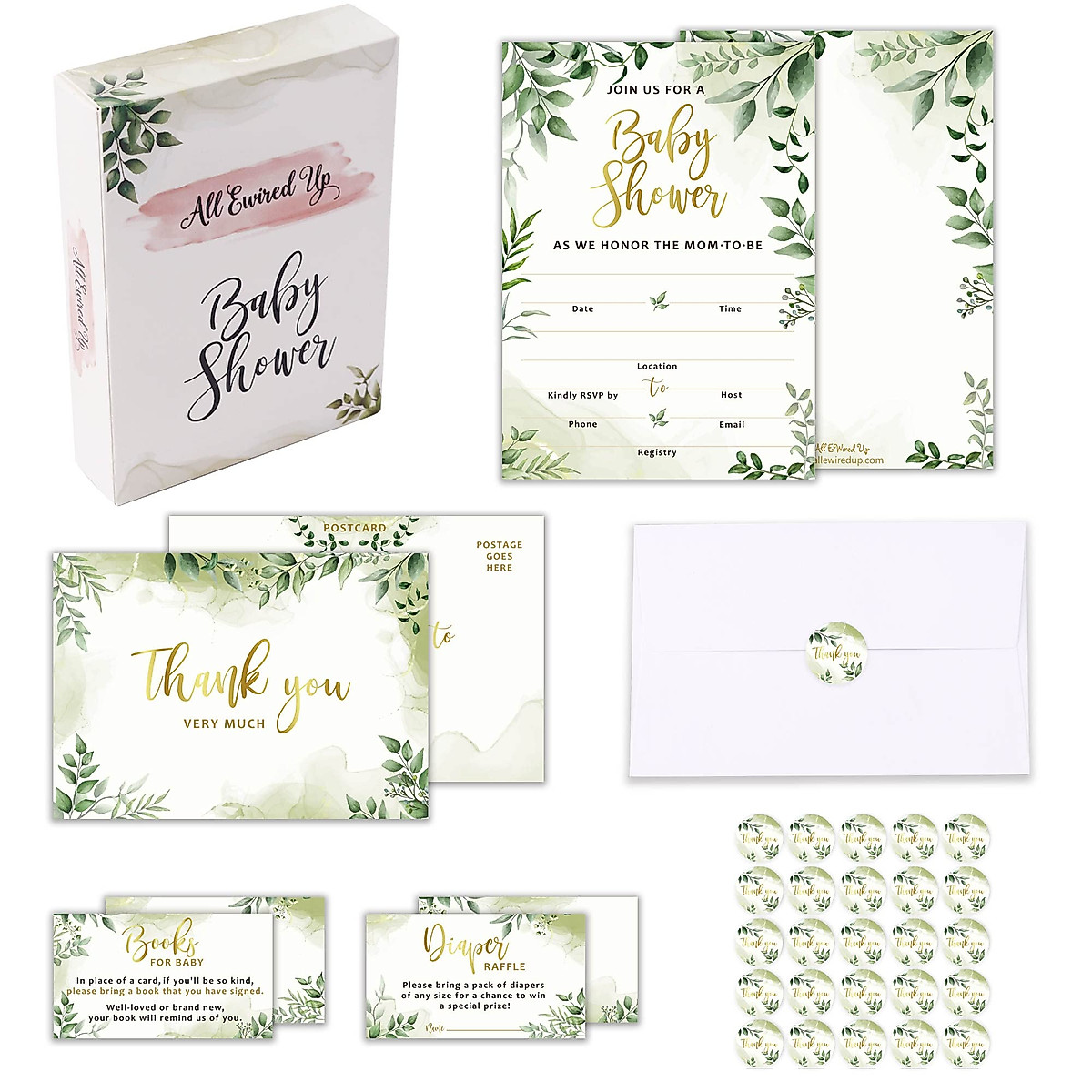 25 Double-Sided Greenery Baby Shower Invitation Set with Envelopes,Gender Neutral Blank Fill-in Invites for Boy or Girl, Double-Sided Diaper Raffle, Thank You Cards and Seals