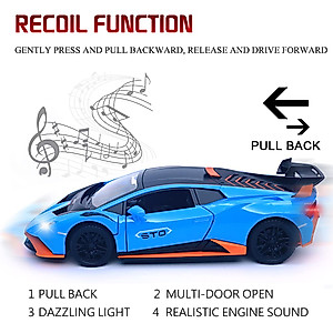 1:24 Alloy Diecast Car Model for Lamborghini Huracan STO 2021 Toy Car, Pull Back Vehicles Model Cars Toy for Kids 3 to 12 Years Old Gift Adult Collection Car Model with Light & Sound (Vibrant Blue)