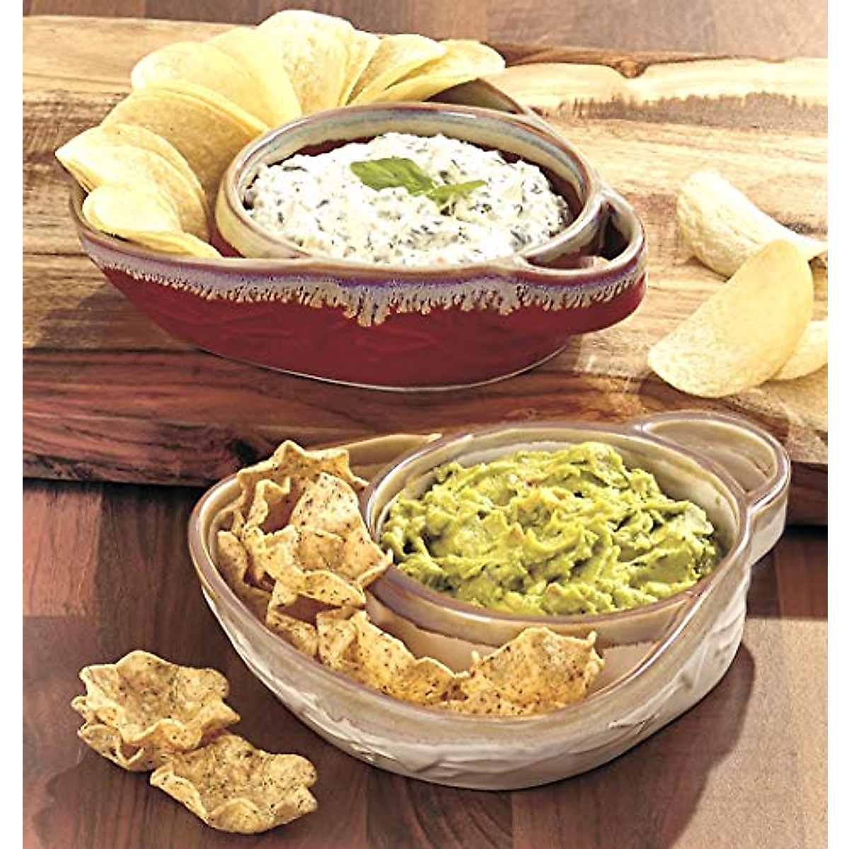 Stoneware Soup & Side, Chips & Dip Bowl Set of 2 by Roe & Moe (Cream and Red)