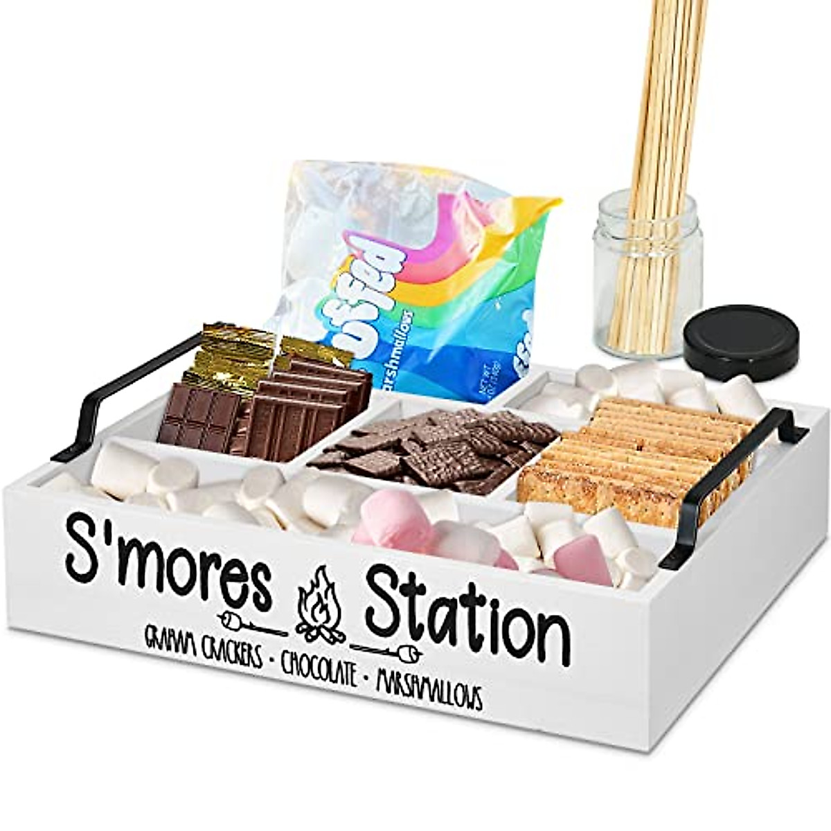 Unistyle S'Mores Station Box S'Mores Bar Holder S'Mores Tray Station for Smores Kit,S'mores Caddy Organizer for Tabletop with Glass Jar and Sticks Camping BBQ Gift