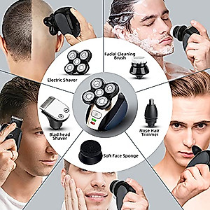 Electric Head Hair Shaver - ZHENREN Bald Head Shaver Mens Cordless Wet/Dry Bald Head Waterproof Razor with Rotary Blades, Clippers, Nose Trimmer, Brush, Massager