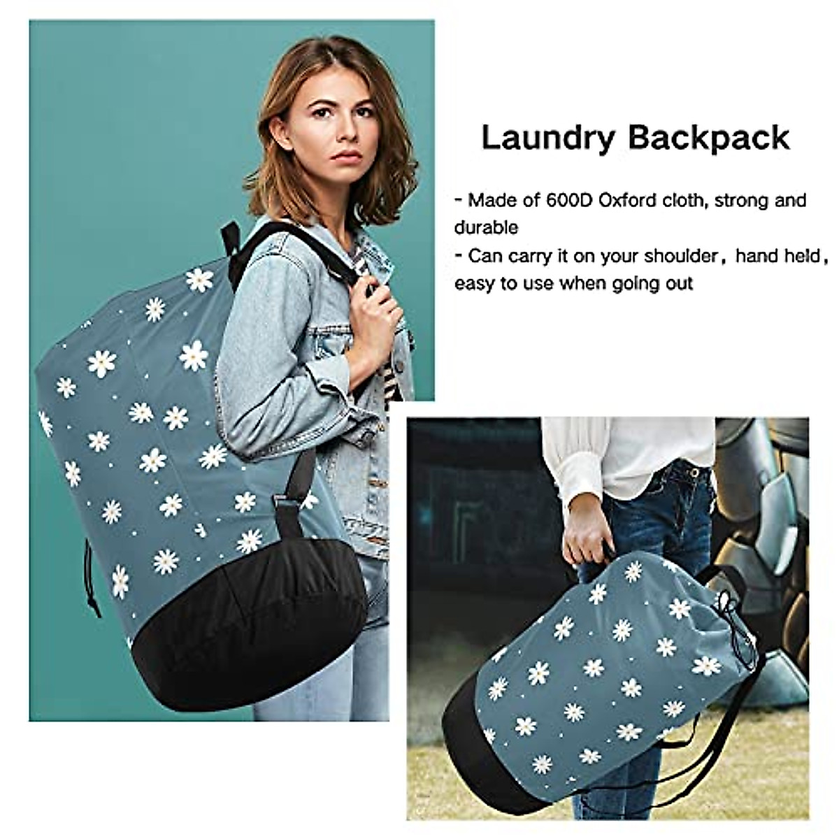 Flower Cute Laundry Bag Backpack with Shoulder Straps Daisy Dirty Clothes Organizer Extra Large Heavy Duty for Camp College Dorm Room Essentials for Girls