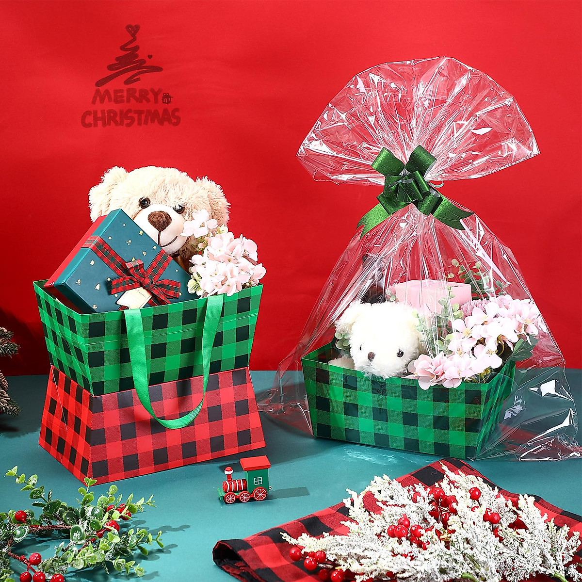 Skyygemm 12 Pcs Christmas Basket for Gifts Empty Kit 9.8 x 6.5'', Gift Basket Empty to Fill Bulk with Handles Plastic Basket Bags Pull Bows Twists for Holiday Xmas Party Wrapping