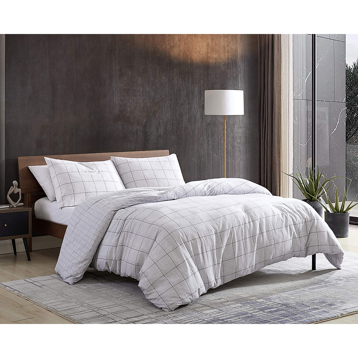 Kenneth Cole New York - Queen Duvet Cover Set, Reversible Cotton Bedding with Matching Shams, Modern Home Decor (Holden Grid Grey, Queen)