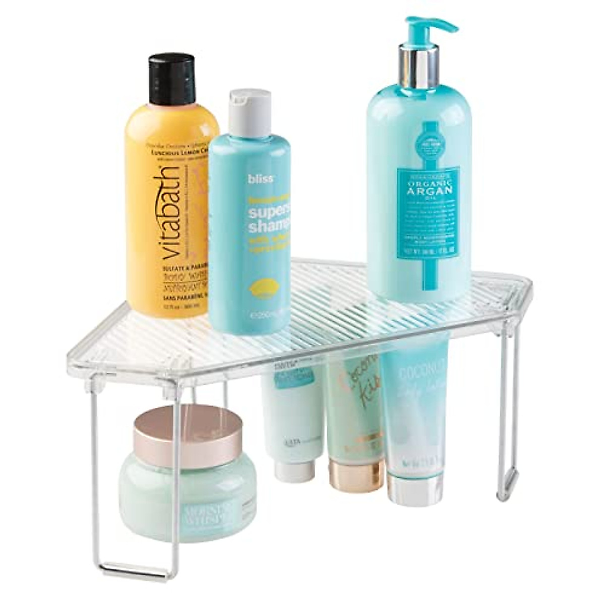mDesign Plastic/Steel Corner Stackable Rack, Storage Organizer Shelf for Bathroom, Vanity, Countertop, Sink, Cabinet, Holds Makeup, Shower Accessories, Ligne Collection - 2 Pack - Clear