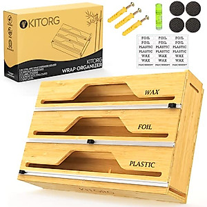 KITORG Bamboo Foil and Plastic Wrap Organizer for Drawer, 3 in 1 Tin Foil, Cling Paper, Food Wrap, Plastic Wrap Dispenser with Cutter and Labels for Kitchen, Aluminum Foil Organization and Storage
