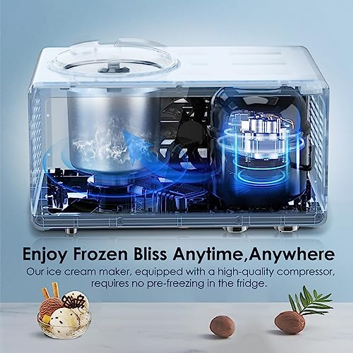 Homtone 1.6 Quart Ice Cream Maker Machine with Compressor, No Pre-freezing, 4 Modes, Adjusted Speed Frozen Yogurt Machine with LCD Display & Timer, Automatic Homemade Sorbet Maker Gelato Maker, Keep Cool for 2H-Make Soft & Hard Ice Cream in 60min