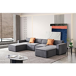 Moxoq Luxury Modern Modular U-Shaped Sectional Sofa Set, Minimalist Linen Fabric Upholstered Comfy Couch with Convertible Chaise, Large Cloud Couch for Living Room (Dark Grey, U-Shaped)