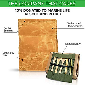 ECO/EGO Eco-Friendly Canvas Lunch Bag Set. 1 heavy duty and waterproof waxed canvas lunch bag/ 1 bamboo cutlery set (1 knife,1 fork,1 spoon,2 chopsticks,1 straw,1 cleaning brush,1 travel pouch).