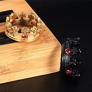 SINLEO Mens Womens Stainless Steel Vintage Royal King Crown Ring Cross Band Ruby Black Gemstone Gold with CZ Size 7