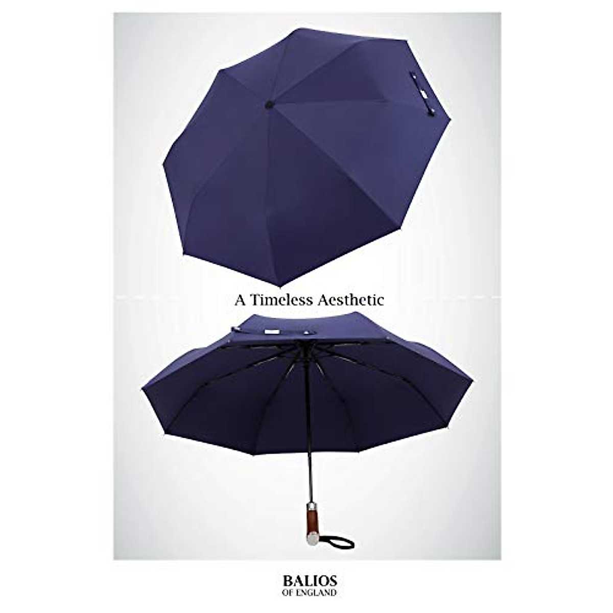Balios (Designed in UK) Travel Umbrella Luxurious Golden Rosewood Handle Auto Open & Close Windproof Frame Single Canopy Automatic Folding Umbrella Men's & Ladies (Dark Navy)