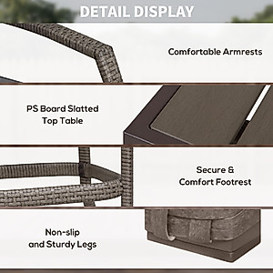 Outsunny 3 PCS Rattan Wicker Bar Set with Wood Grain Top Table and 2 Bar Stools for Outdoor, Patio, Poolside, Garden, Grey