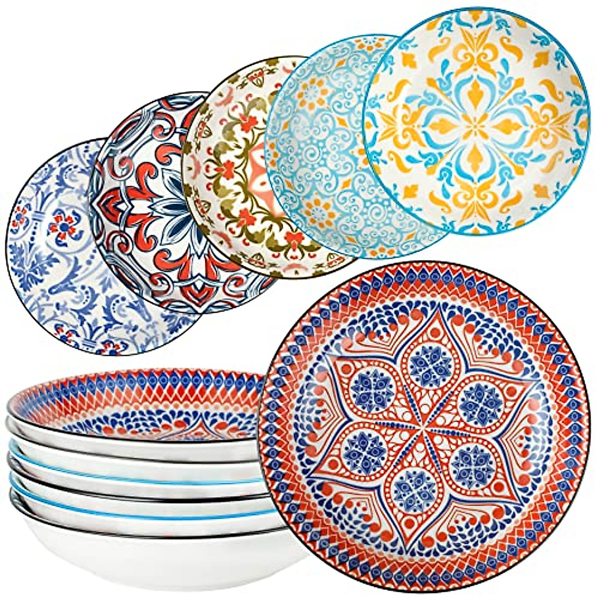 HAPPY KIT 8 inch Pasta Bowls, Salad Bowls Set of 6 for Dessert Appetizer Pasta Bread, Scratch Resistant & Leak Free, Microwave, Oven and Dishwasher Safe, Multiple Pattern