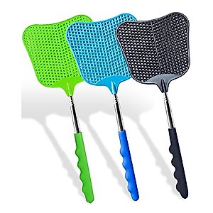 Wapodeai 3 pcs Fly Swatter, Fly Swatter Plastic,Telescopic Fly Swatters, Large Bug Swatter That Work for Indoor and Outdoor. (Black Blue Green)