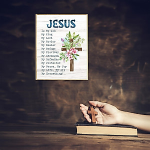 Jesus Is My God, King, Peace, Joy Inspirational Christian Wall Art Decor -8 x10" Rustic Floral Cross Print -Ready to Frame. Motivational Decor for Home-Office-Church. Great Religious Gift of Faith!