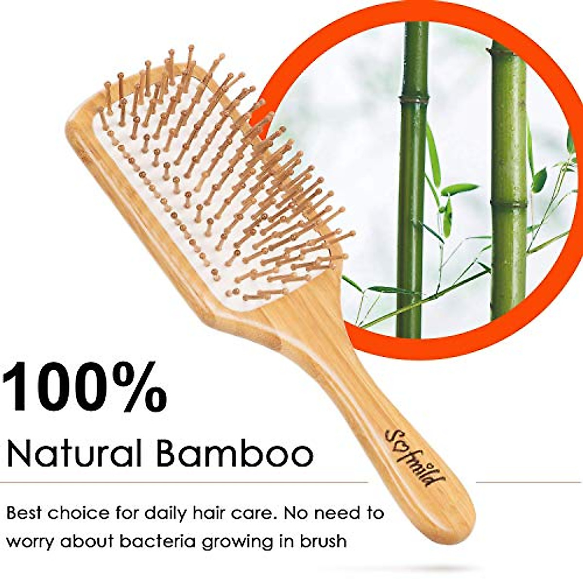Hair Brush-Natural Wooden Bamboo Brush and Detangle Tail Comb Instead of Brush Cleaner Tool, Eco Friendly Paddle Hairbrush for Women Men and Kids Make Thin Long Curly Hair Health and Massage Scalp
