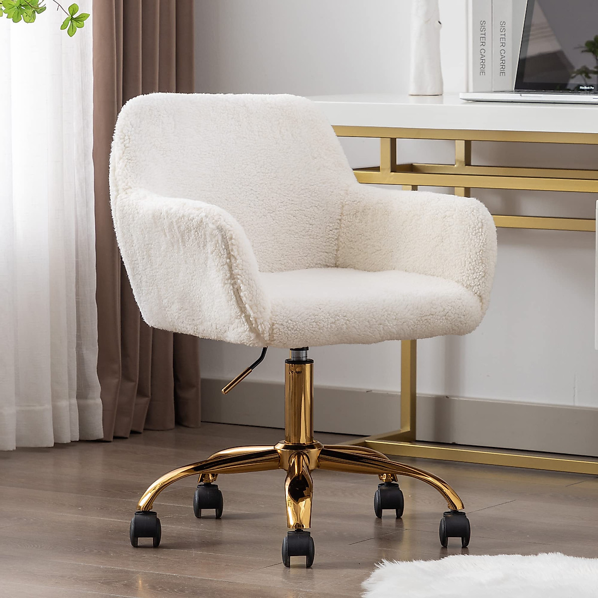 KCC Faux Fur Office Desk Chair, Comfy Swivel Armchair with Wheels, Upholstered Fuzzy Vanity Chair, Adjustable Height, White