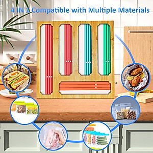 Bamboo Food storage bag organizer, kitchen drawer organizer, Wall Mount bag storage organizer, ziplock bag Storage Compatible with Gallon, Quart, Sandwich & Snack Variety Size Bags 1 Box 5 Slots