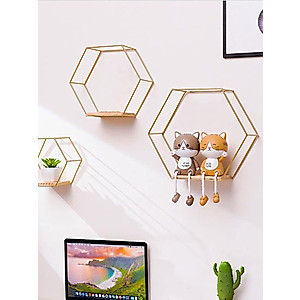 Mnaocz 3Pcs Hexagon Floating Shelves, Hexagon Shaped Floating Wall Shelves for Bedroom, Metal Wire and Rustic Wood Wall Storage Shelves for Home Decor(#1)