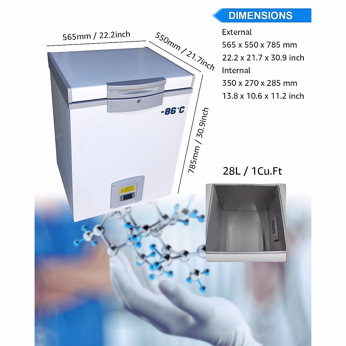 Bonxrdun Lab Deep Freezer, 28L, -86℃(-122.8℉) Ultra Low Temperature Freezer, Medical Freezer with Rollers, Laboratory Refrigerator for Storage, Research