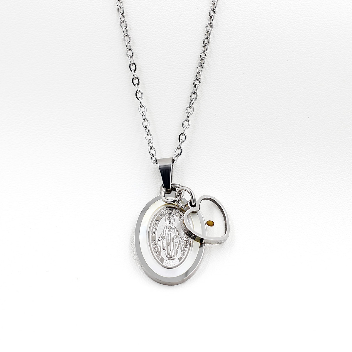 NA Oval Virgin Mary Mustard Seed Christian Pendant Religion Necklace for Women, Stainless Steel Prayer Faith Jewelry (White)