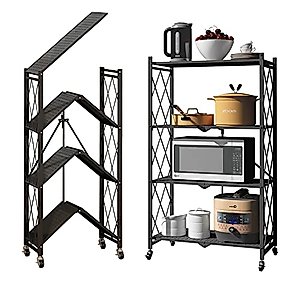 WHIFEA 4 Tier Foldable No Assembly Storage Shelves with Wheels 28.3’’*15’’*49.6’’ Free Standing Metal Wire Rack Heavy Duty Pantry Collapsible Organizer for Kitchen Bedroom Bathroom Office Black
