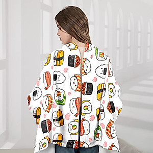 Cute Sushi Print Wearable Fleece Blanket with Sleeves for Adult Kids Women Men, Japanese Food Micro Plush Comfy Wrap Sleeved Throw Blanket, Kawaii Soft Plush Throw Blanket with Sleeves, 50"x70"