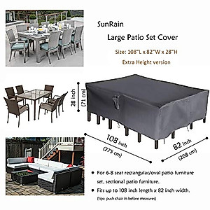 SUNRAIN Rectangular Patio Furniture Set Covers 600D Oxford Fabric Waterproof UV Protection Outdoor Table and Chair Cover, 108" Lx82 Wx28 H