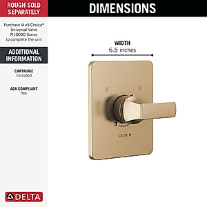 Delta Faucet Velum 14 Series Single-Function Gold Shower Valve Trim Kit, Shower Handle, Delta Shower Trim Kit, Champagne Bronze T14037-CZ (Valve Not Included)