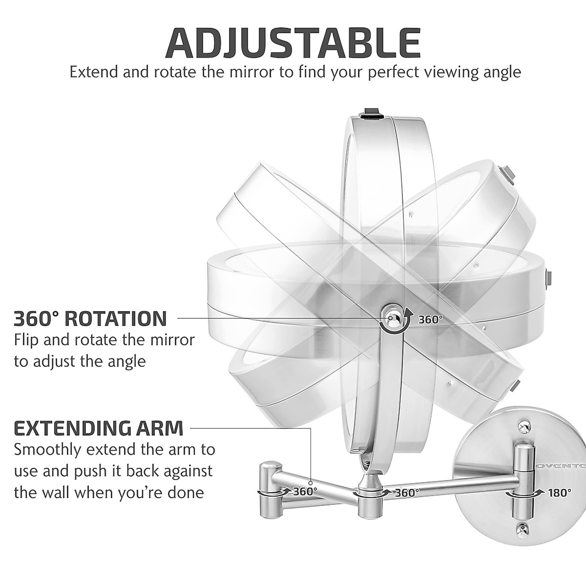 Ovente 8.6" Lighted Wall Mount Makeup Mirror, 1X & 10X Magnifier, Adjustable Double Sided Round LED, Extend, Retractable & Folding Arm, Compact & Cordless, Battery Powered Nickel Brushed MFW85BR1X10X