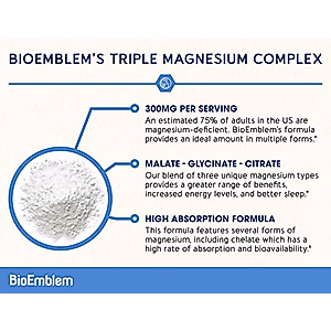 BioEmblem Triple Magnesium Complex | 300mg of Magnesium Glycinate, Malate, & Citrate for Muscles, Sleep, Calm, & Energy | High Absorption | Vegan, Non-GMO | 90 Capsules
