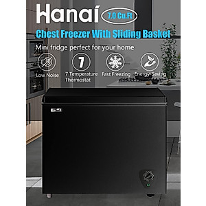 Chest Freezer WANAI 7.0 Cu.Ft Compact Chest FreezerDeep Freezers Free-Standing Top Door Freezer Removable Basket and Adjustable 7 Thermostat Open Deep Freezer Energy Saving Garage Basement Apartment K