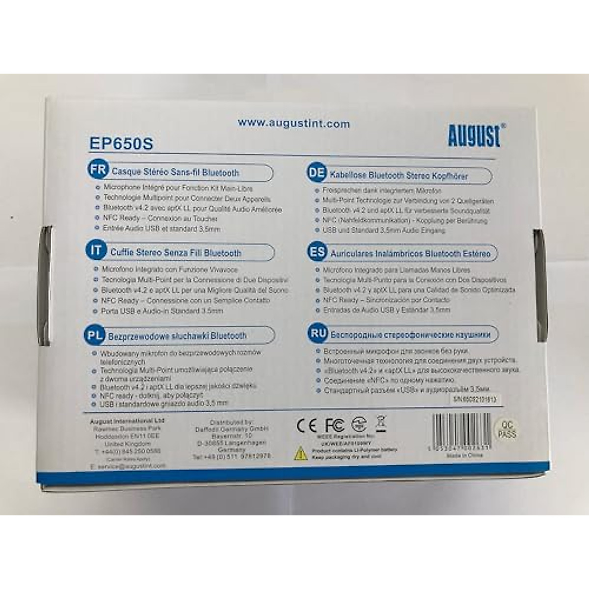 August EP650 Bluetooth Wireless Over Ear Headphones with aptX LL Low Latency/Multipoint/NFC / 3.5mm Audio in/Headset Microphone - Silver