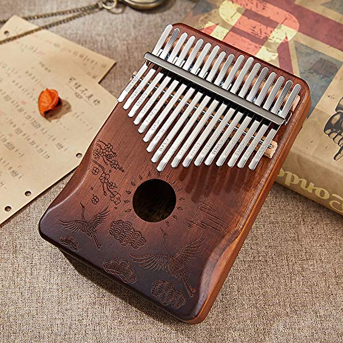 17 Keys Kalimba Mahogany/Acacia Thumb Piano Mbira African Musical Instrument Finger Piano Gifts for Kids and Adults Beginners Teclado Instrumento (Crane, Gradient Brown)