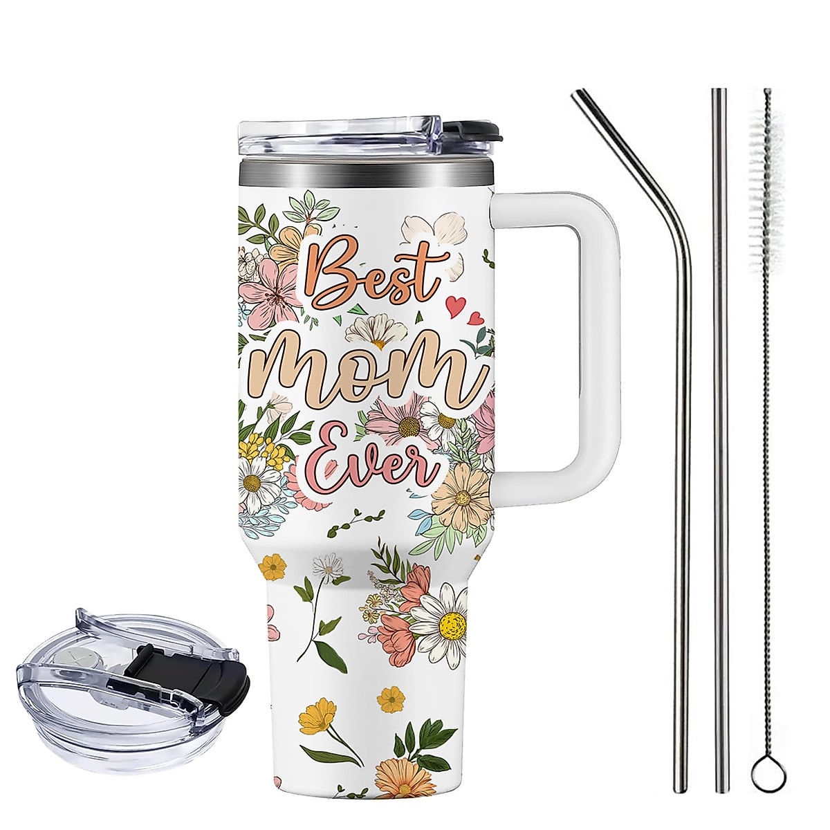Gifts for Mom, Best Mom Ever Tumbler 40oz with Handle and Straw, Mama/Mom Gifts From Daughter Son, Mom Birthday Gifts, Mothers Day Presents Ideas, Christmas Gifts for Best Mom Ever Mug, Flower