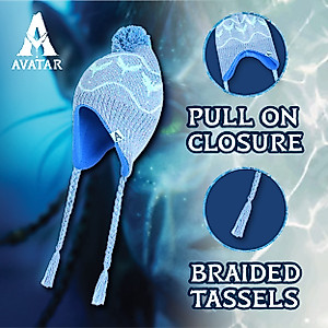 Disney Avatar: The Way of Water Hat, Adult Peruvian Knit Cap with Tassels and Pom Beanie Hat, Blue
