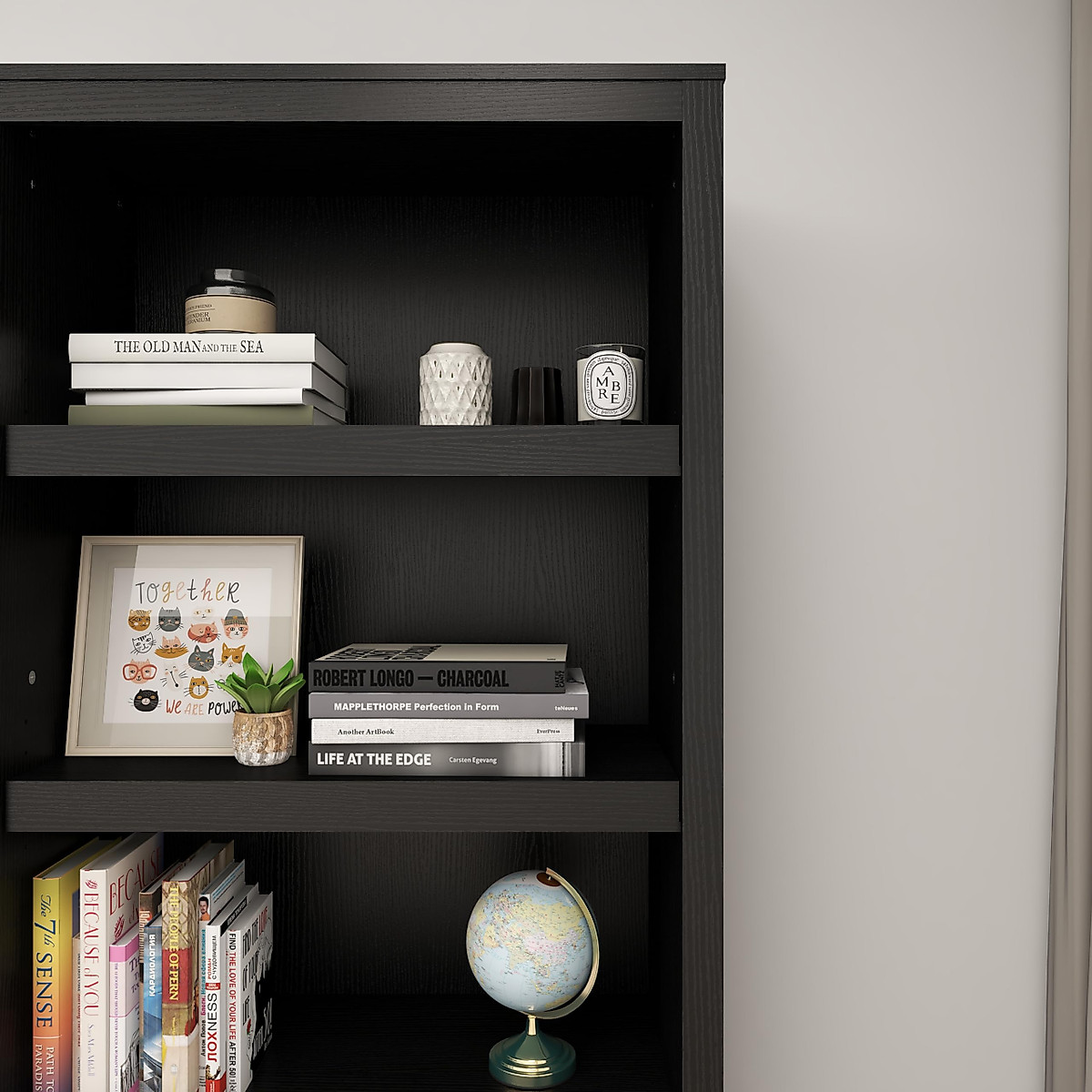 Panana Bookcase with Doors, 5 Shelves Free Standing Display Bookshelf with Cabinet Storage Organizer Home Office Furniture (Black)