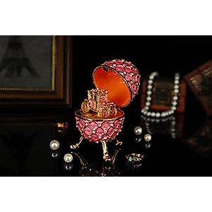 QIFU Vintage Pink Faberge Egg Style Enameled Trinket Box Hinged with Mini Royal Carriage