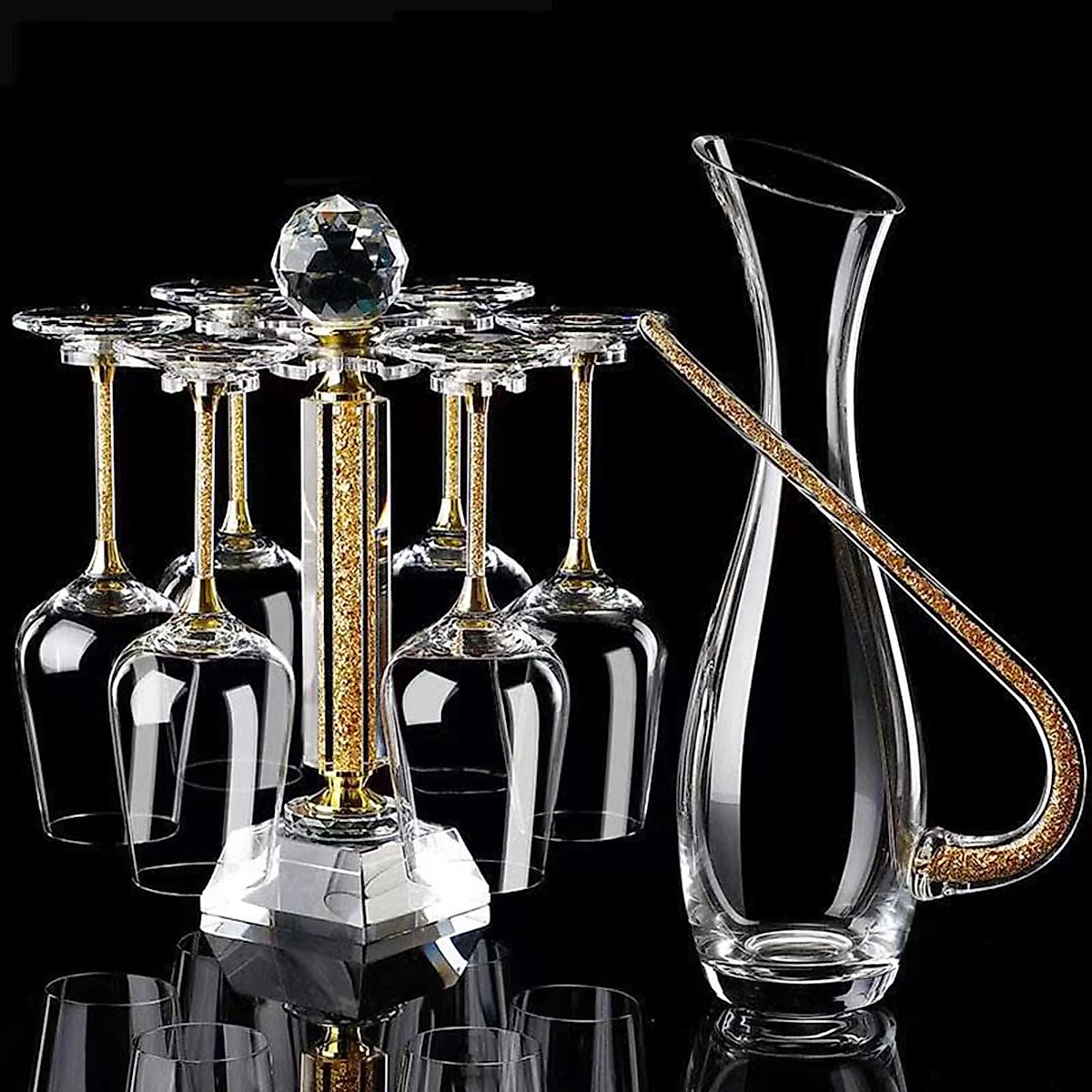 Elegant Desktop Crystal Glass Stemware Rack/Rotate 8 Wine Glass Storage Holder Stand Air Drying Rack (Gold)