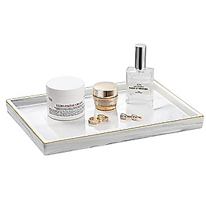 Shinowa Ceramic Vanity Tray, Bathroom Counter Tray Marble Finish Perfume Tray Rectangle Decorative Tray for Vanity Dresser Bathroom Countertop Living Room Kitchen, Large Size - Marble White