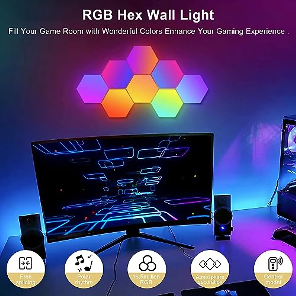 10 Pcs Hexagon LED Lights, Hexa Light Panels, Modular DIY Hexagon Wall Light APP and Remote Control Smart RGB Gaming Light Music Sync Hexagon Light Panels for Living Room, Bedroom, Gaming Rooms