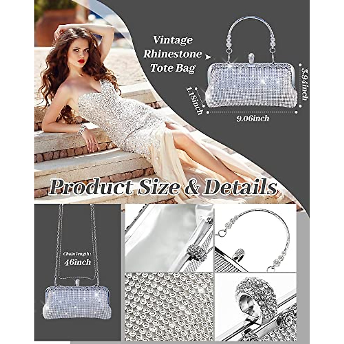 5 Pieces Silver Clutch Purse Rhinestone Evening Purses Crystal Jewelry Set Include Rhinestone Tassel Necklace Bangle Bracelet Dangle Fringe Earrings Ring for Women Wedding Party Bridal Handbag