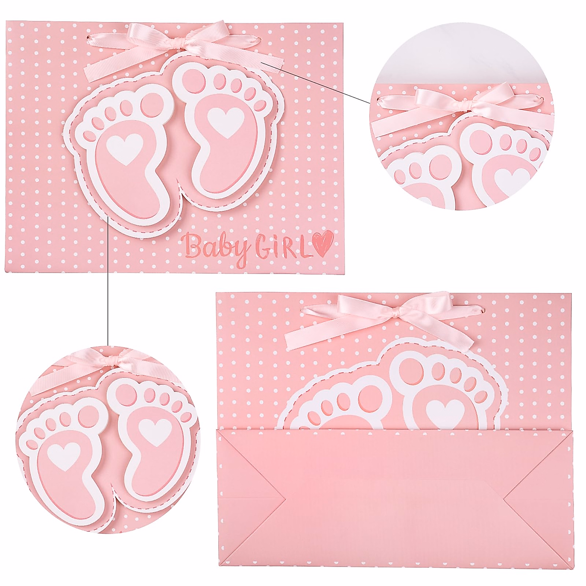 LeZakaa 13" Pink Gift Bags with Tissue Paper, Gift Card, Foot Print and Baby Girl Lettering Design for Baby Shower
