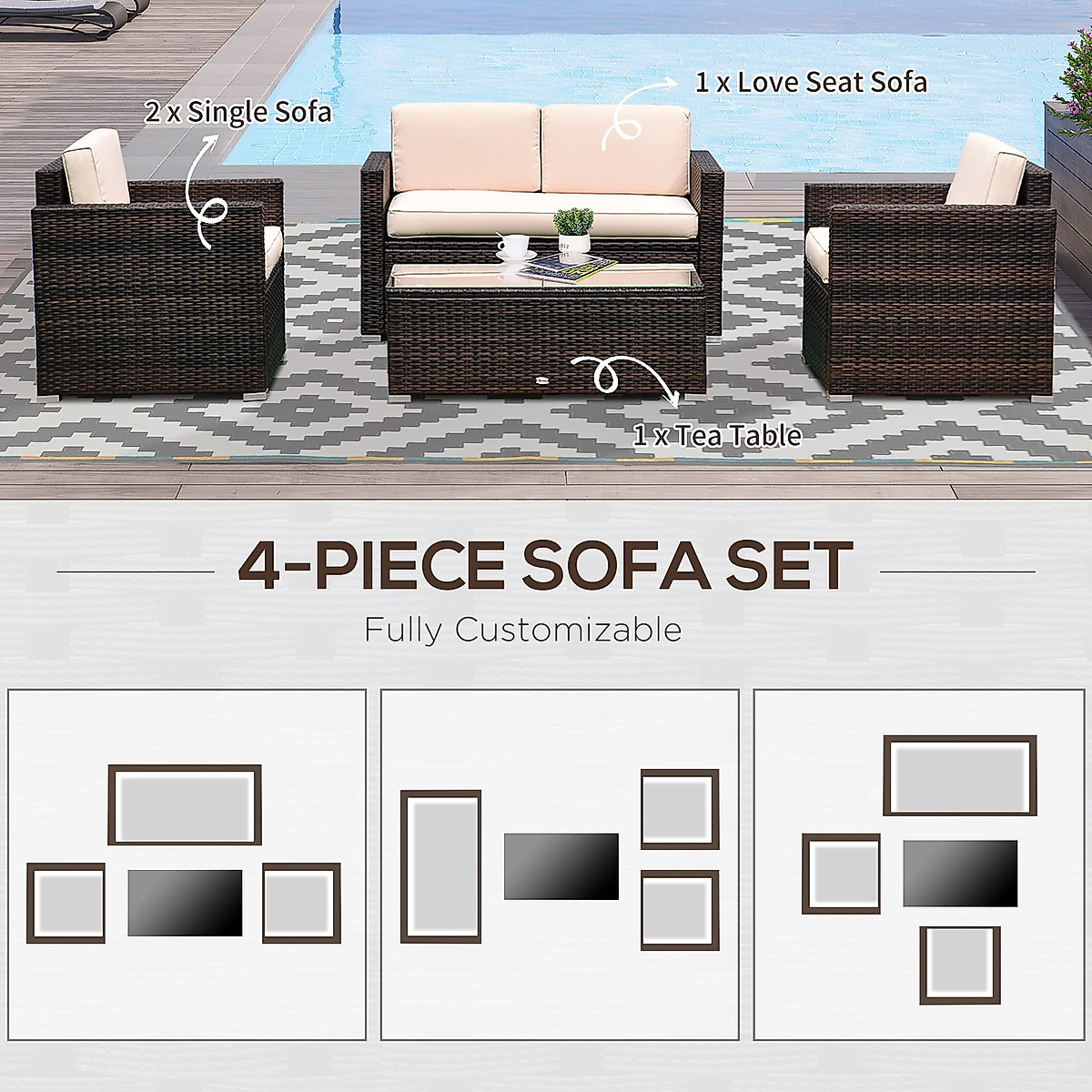 Outsunny 4 Piece Wicker Patio Furniture Set with Cushions, Outdoor Sectional Furniture with 2 Sofa, Loveseat, and Glass Top Coffee Table, Conversation Sofa Sets for Garden, Beige