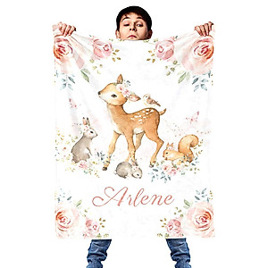 Yeshop Deer Bunny Floral Pink Woodland Personalized Receiving Baby Blankets for Girls Boys with Name,Customized Swaddle Blankets Gift for Newborn Crib Infants 30x40 Inches