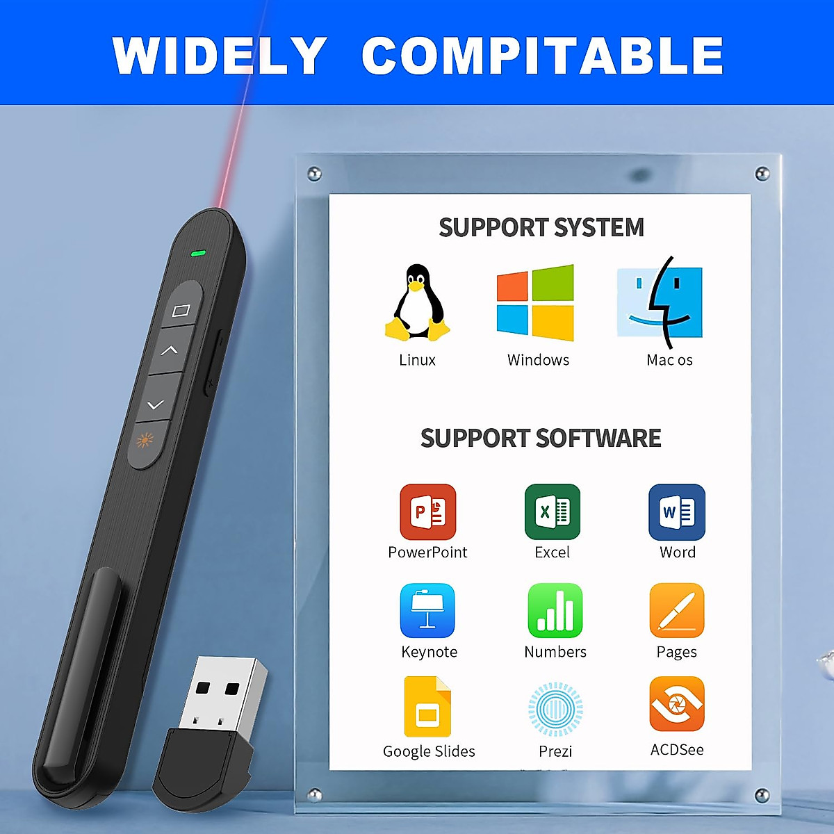 QUI Presentation Clicker, Hyperlink Volume Control Wireless Presenter,PPT PowerPoint Clicker, RF 2.4GHz USB Presentation Remote Control PowerPoint Presentation Clicker for Keynote/PPT/Mac/PC