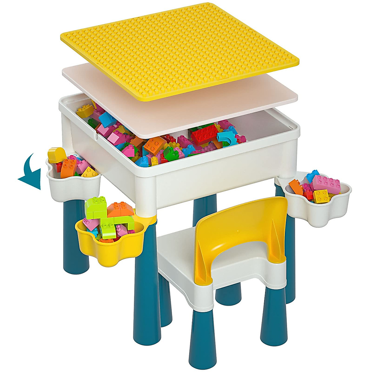 burgkidz Kids 5-in-1 Multi Activity Table Set - Building Block Table with Storage - Play Table Includes 1 Chair and 128 Pieces Compatible Large Bricks Building Blocks for Ages 2 and Up (Macaron)