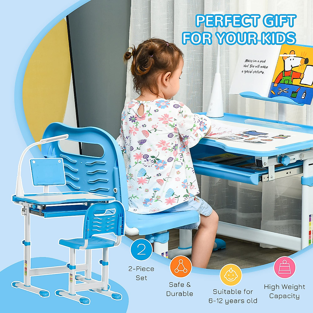 Qaba Kids Desk and Chair Set, School Study Desk with USB Light, Storage Drawer for Writing, Activities, Arts, or Crafts, Blue and White