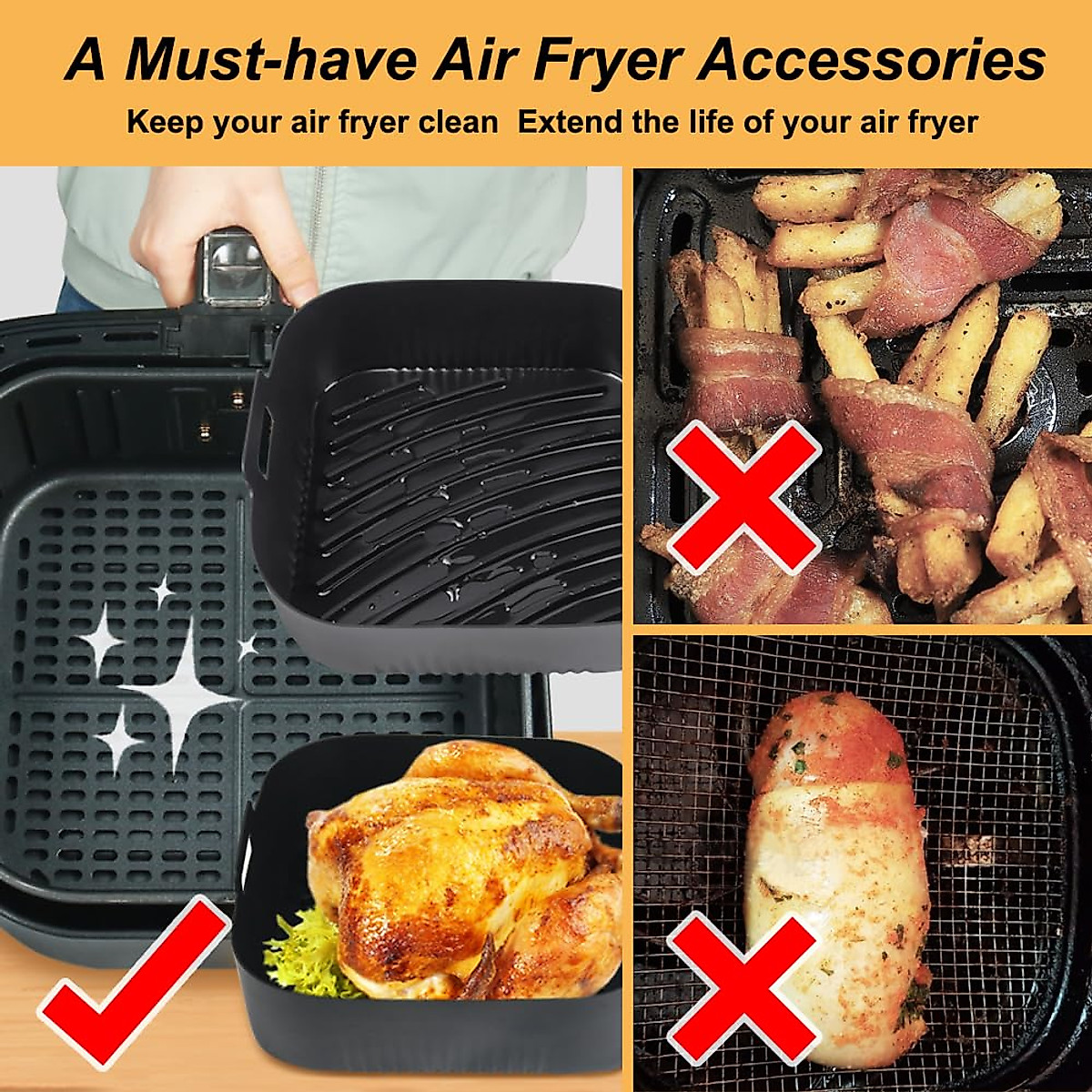 BYKITCHEN 9 Inch Square Silicone Air Fryer Liners for 6 to 8QT, Set of 2, Reusable Silicone Air Fryer Tray Insert, Air Fryer Accessories for Corsori 6QT, Ninja Air Fryer Pro XL 6.5QT, Gourmia & More